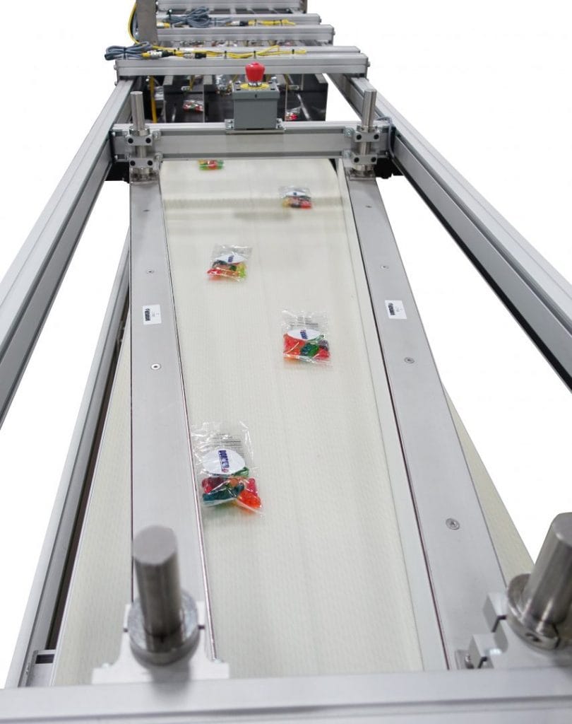 4-to-1 Merge with Flexible Packages - Dorner Conveyors